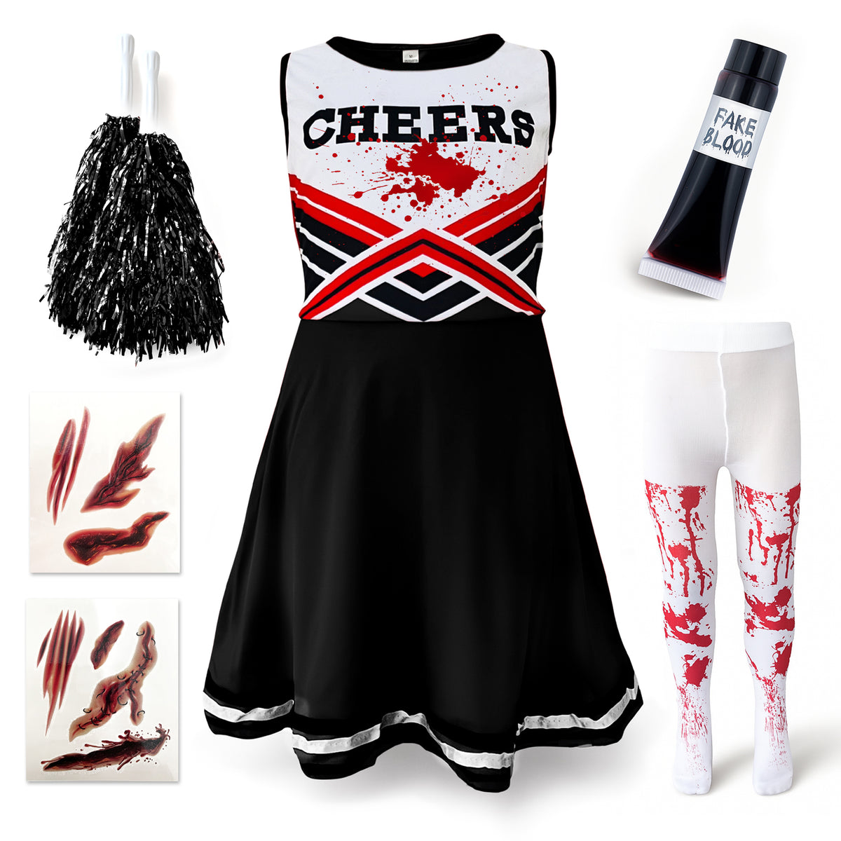 Childrens Kids Girls Zombie Cheerleader Black Fancy Dress Costume Tigh ...