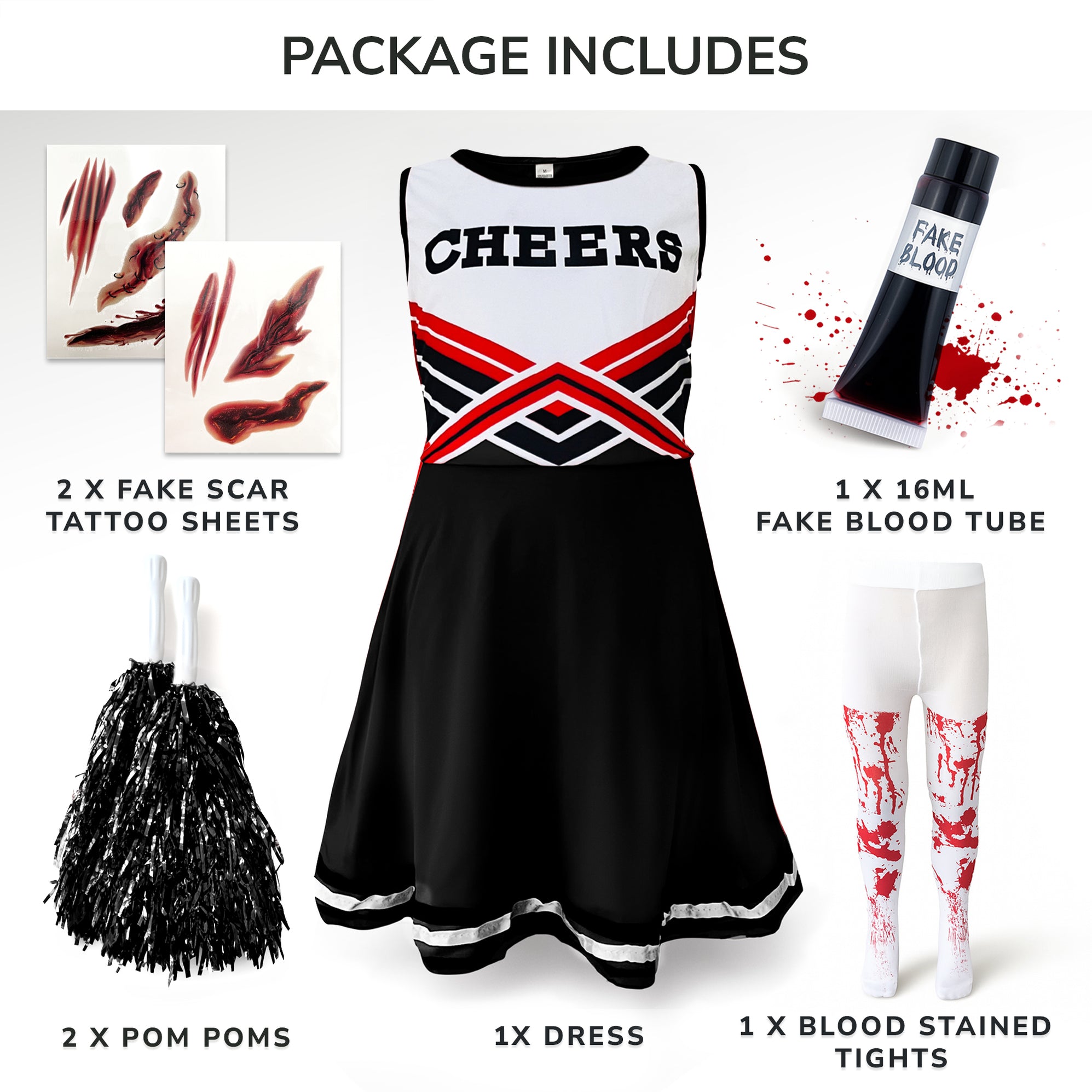Childrens Kids Girls Zombie Cheerleader Black Fancy Dress Costume Tigh ...