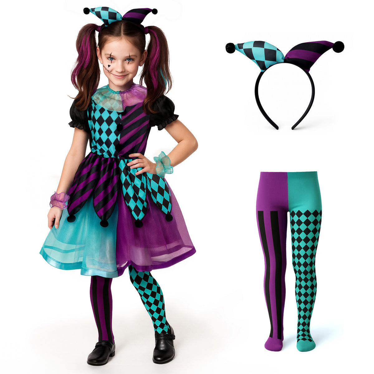 Childrens Kids Girls Blue and Purple Harlequin Clown Fancy Dress Costu ...