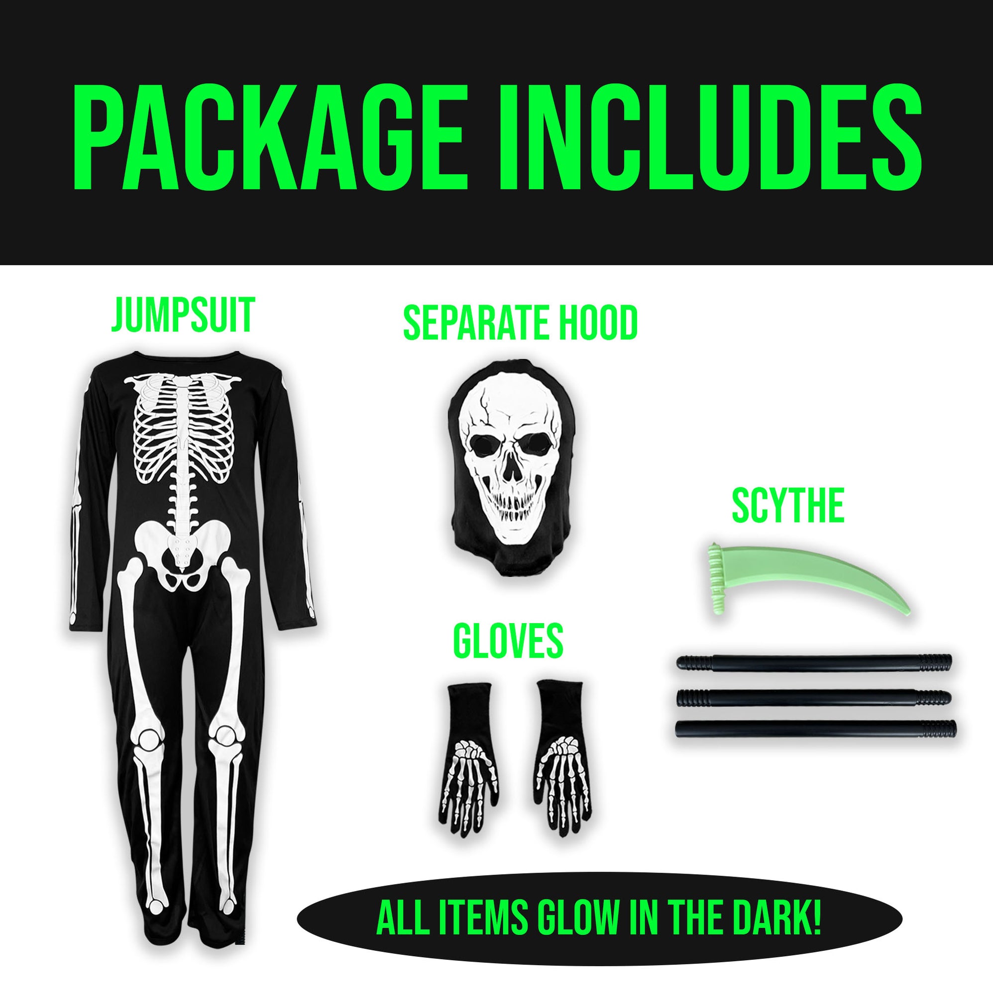 Childrens Kids Glow in the Dark Skeleton Fancy Dress Costume & Scythe ...