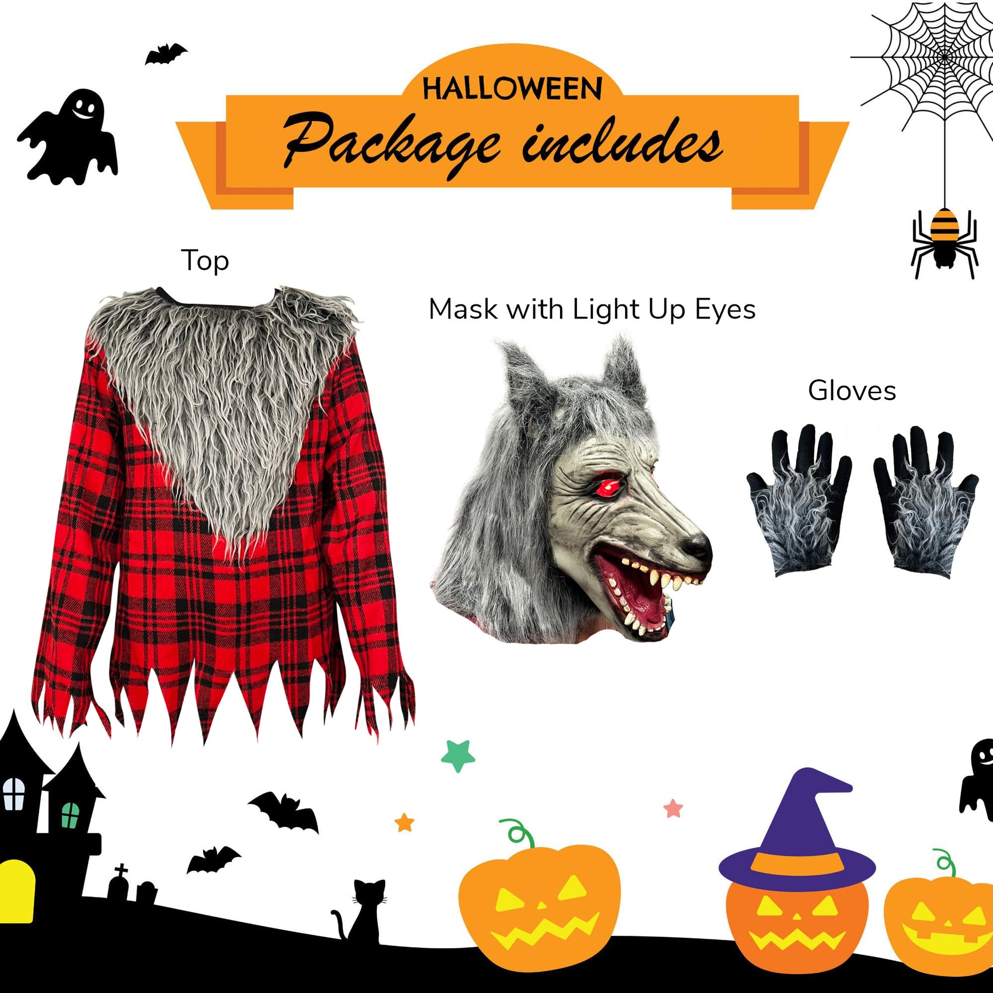 Childrens Kids Glowing Werewolf Wolf Fancy Dress Costume & Mask 7-14 Y ...